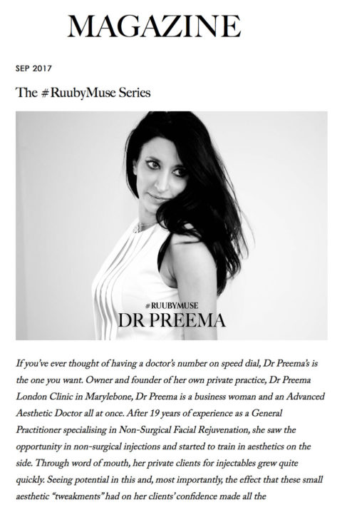 Dr Preema Feature in Ruuby - Dr Preema London Clinic